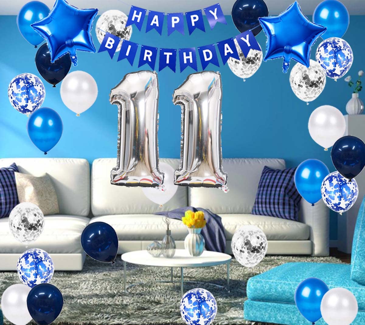 11th Birthday Party Decoration for Boys, Happy Birthday Banner Blue Number 11 Birthday Balloons 11th Birthday Latex Confetti Balloon for Boys Him Son 11 Years Old Birthday Decoration Supplies (11th)