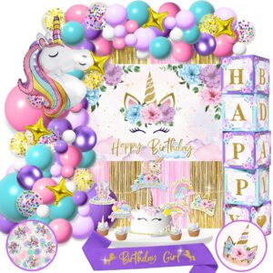 245 pieces rainmeadow unicorn birthday decorations for girls kit, all-in-1 party supplies pack with balloon garland, fringe curtains, foil balloons, backdrop, crown, sash - pink, purple, teal, gold