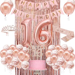 sweet 16 birthday decorations for girls, rose gold 16 birthday banner, crown, sash, birthday cake topper and number balloon, happy 16th birthday party supplies for girls