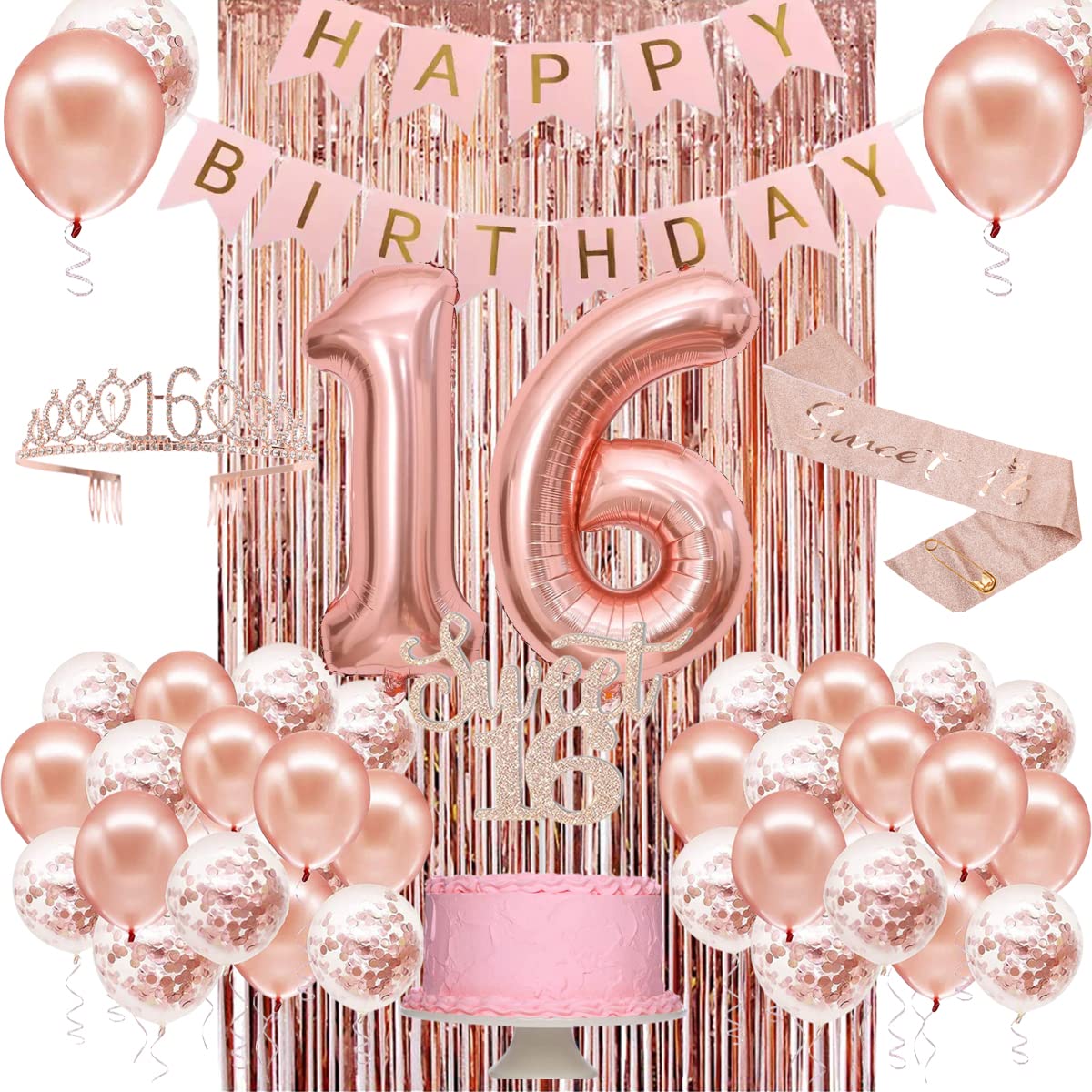 Sweet 16 Birthday Decorations for Girls, Rose Gold 16 Birthday Banner, Crown, Sash, Birthday Cake Topper and Number Balloon, Happy 16th Birthday Party Supplies for Girls