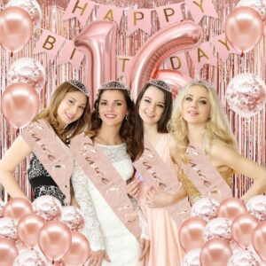 Sweet 16 Birthday Decorations for Girls, Rose Gold 16 Birthday Banner, Crown, Sash, Birthday Cake Topper and Number Balloon, Happy 16th Birthday Party Supplies for Girls