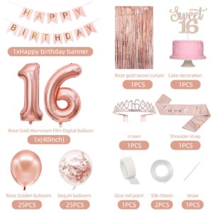 Sweet 16 Birthday Decorations for Girls, Rose Gold 16 Birthday Banner, Crown, Sash, Birthday Cake Topper and Number Balloon, Happy 16th Birthday Party Supplies for Girls