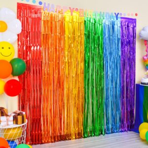 lolstar rainbow foil fringe curtains, 2 pack rainbow party decorations 3.3x6.6ft tinsel metallic streamers holiday photo booth props backdrop for birthday wedding engagement bridal shower unicorn