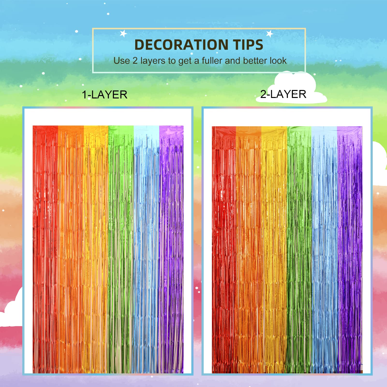 LOLStar Rainbow Foil Fringe Curtains, 2 Pack Rainbow Party Decorations 3.3x6.6ft Tinsel Metallic Streamers Holiday Photo Booth Props Backdrop for Birthday Wedding Engagement Bridal Shower Unicorn