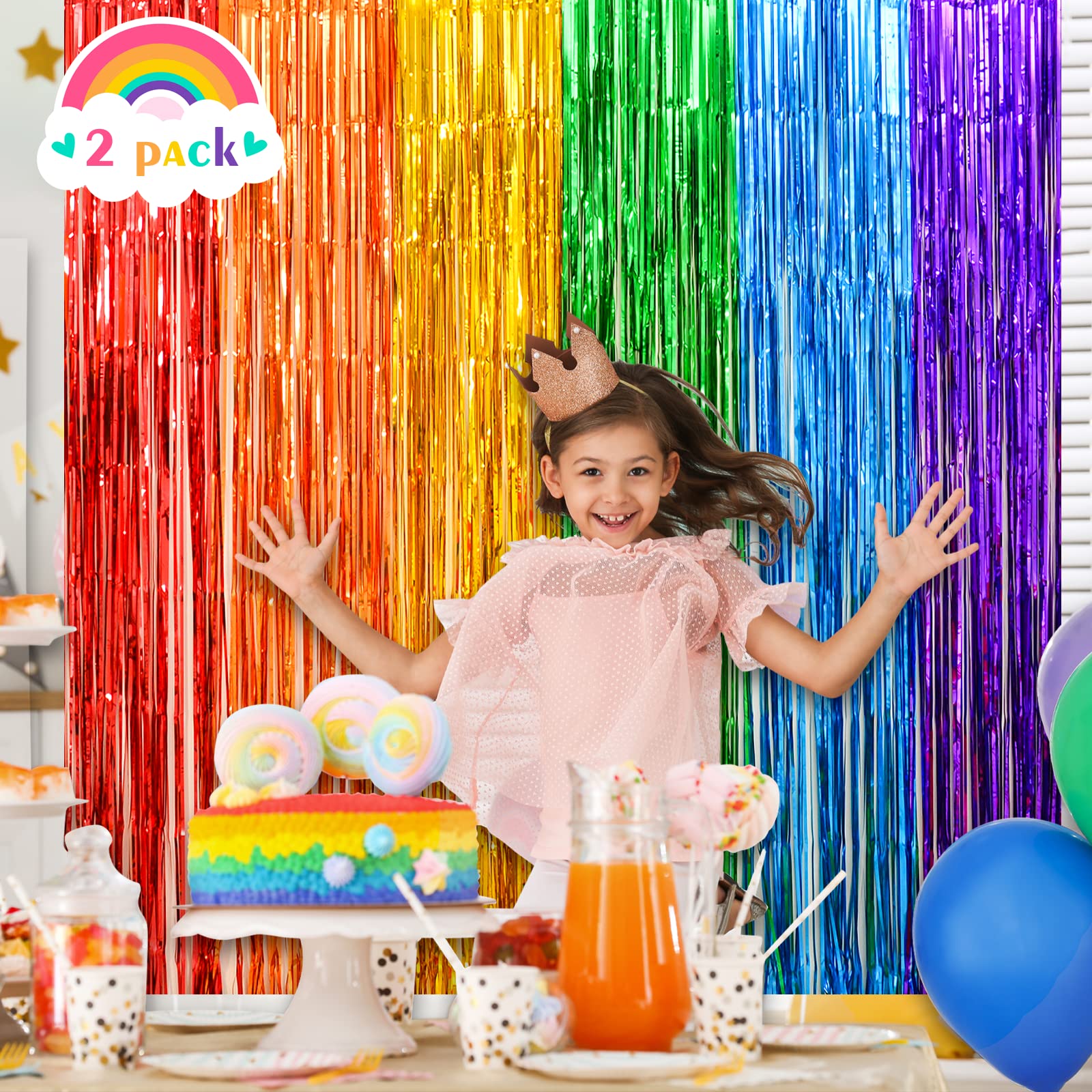 LOLStar Rainbow Foil Fringe Curtains, 2 Pack Rainbow Party Decorations 3.3x6.6ft Tinsel Metallic Streamers Holiday Photo Booth Props Backdrop for Birthday Wedding Engagement Bridal Shower Unicorn