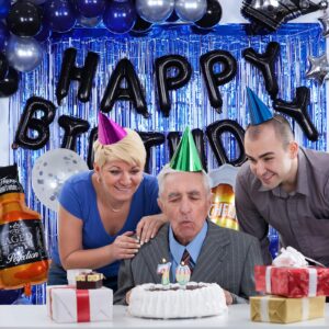 Blue and Black Happy Birthday Decorations for Men,Birthday Decorations with Banner, Fringe Curtains, Beer Crown Foil Balloons, Balloon Kits for 21st,25th 27th 30th 35th 40 50 60th Birthday Decorations