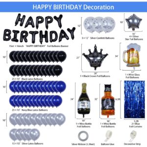 Blue and Black Happy Birthday Decorations for Men,Birthday Decorations with Banner, Fringe Curtains, Beer Crown Foil Balloons, Balloon Kits for 21st,25th 27th 30th 35th 40 50 60th Birthday Decorations