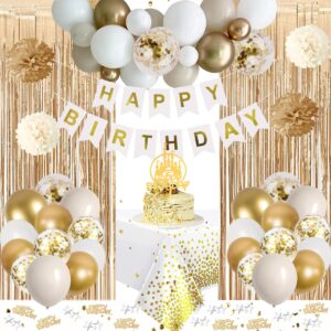 Gold Birthday Party Decorations for Women Men Beige Balloons Banner Tablecloth