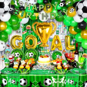 hjingy 280 pcs soccer party decorations, soccer themed birthday party supplies includes soccer balloons, curtains, happy birthday banner, tablecloth, plates, napkins, cake toppers for boys sport party