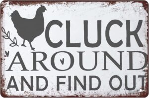 cluck around and find out chicken sign funny chickens decor vintage metal tin signs plaque wall decor bar pub man cave club novelty bathroom toilet retro posters cafe garage rule 12x8 inch