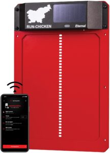 run-chicken door (red) solar chicken coop door, battery powered automatic chicken coop door, programmable electric chicken door with timer, light sensor, solar powered, eternal