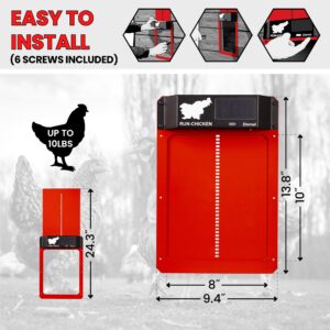 RUN-CHICKEN Door (Red) Solar Chicken Coop Door, Battery Powered Automatic Chicken Coop Door, Programmable Electric Chicken Door with Timer, Light Sensor, Solar Powered, Eternal