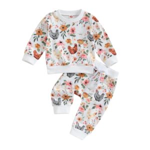 kaipiclos baby girl fall winter clothes halloween outfit floral pumpkin print sweatshirt long sleeve shirt tops jogger pants (chicken print, 2-3 years)