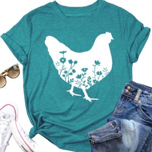 Chicken Shirts for Women Floral Chicken T Shirt Funny Chicken Graphic Tee Casual Farm Girl Clothes