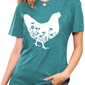 Chicken Shirts for Women Floral Chicken T Shirt Funny Chicken Graphic Tee Casual Farm Girl Clothes