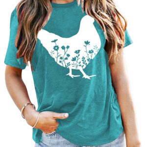 Chicken Shirts for Women Floral Chicken T Shirt Funny Chicken Graphic Tee Casual Farm Girl Clothes