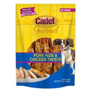 cadet gourmet twists sticks- long lasting & natural dog treats for large & small dogs pork hide & chicken - inspected & tested in usa (22 count)