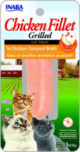 inaba natural, premium hand-cut grilled chicken fillet cat treats/topper/complement with vitamin e and green tea extract, 0.9 ounces each, pack of 6, chicken broth