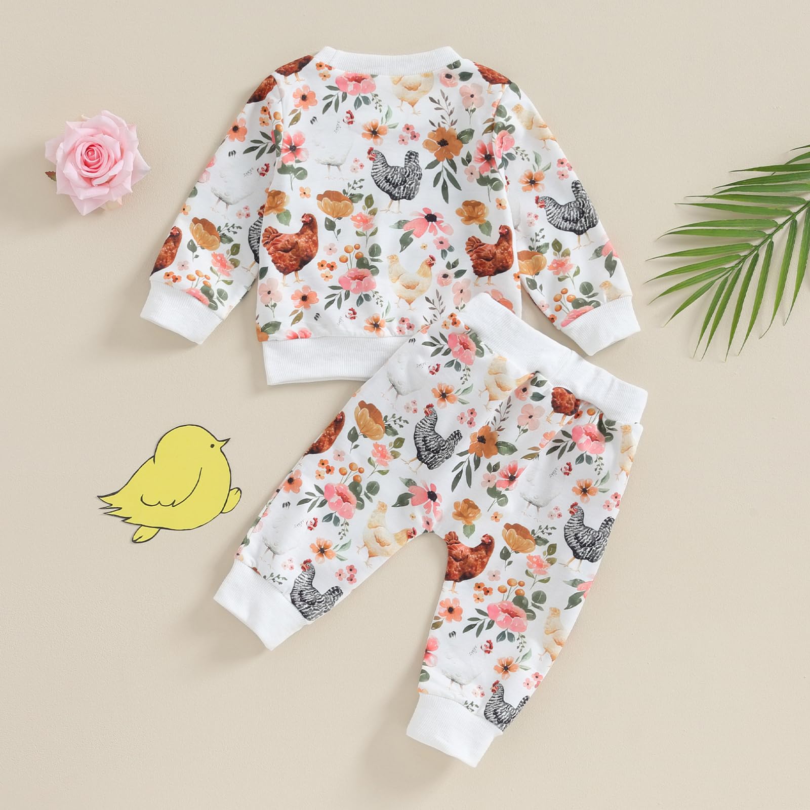 SHUING Toddler Infant Girl Boy Farm Outfit Chick& Flower Print Long Sleeve Sweatshirts Elastic Waist Pants Fall Clothes (White, 18-24 Months)