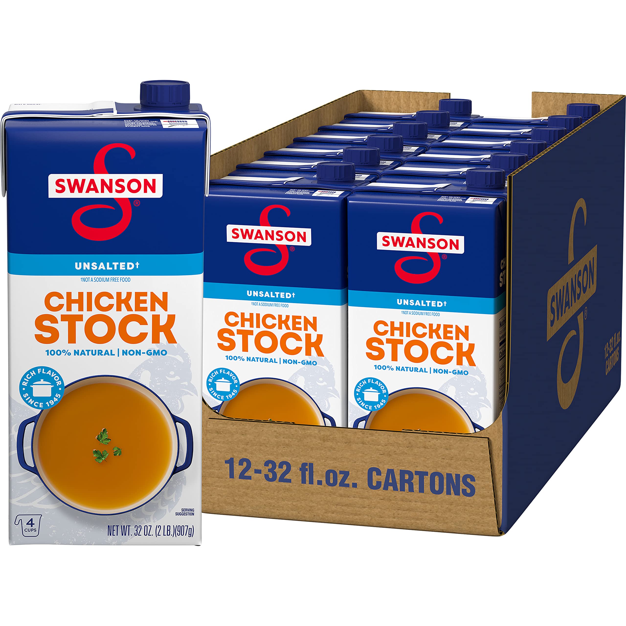 Swanson 100% Natural Unsalted Chicken Stock, 32 Oz Carton (Pack of 12)