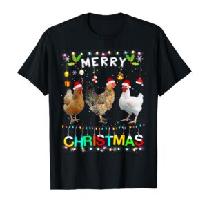 Merry Christmas Chicken Shirt Santa Hat Lights Xmas Funny T-Shirt