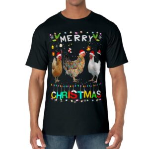 Merry Christmas Chicken Shirt Santa Hat Lights Xmas Funny T-Shirt