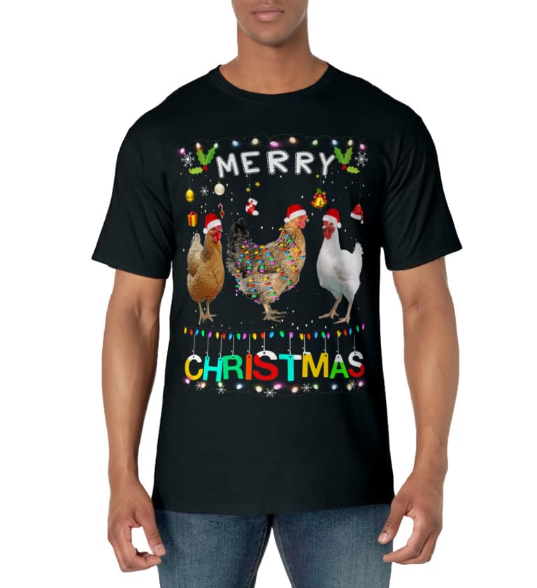 Merry Christmas Chicken Shirt Santa Hat Lights Xmas Funny T-Shirt