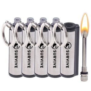 survive permanent match, pack of 5, the forever lighter, emergency fire starter striker set, metal keychain unlimited waterproof stick