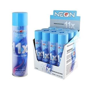 twelve (12) cans of neon 11x ultra refined butane fuel lighter refill gas