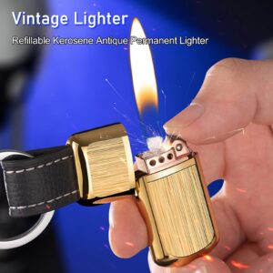 Kerosene Lighter, Mini Vintage Lighter Refillable Kerosene Antique Permanent Lighter with Keychain, Reusable Cool Lighters for Vintage Soft Flame Lighter for Men Dad Husband(Fuel Not Included)-Gold