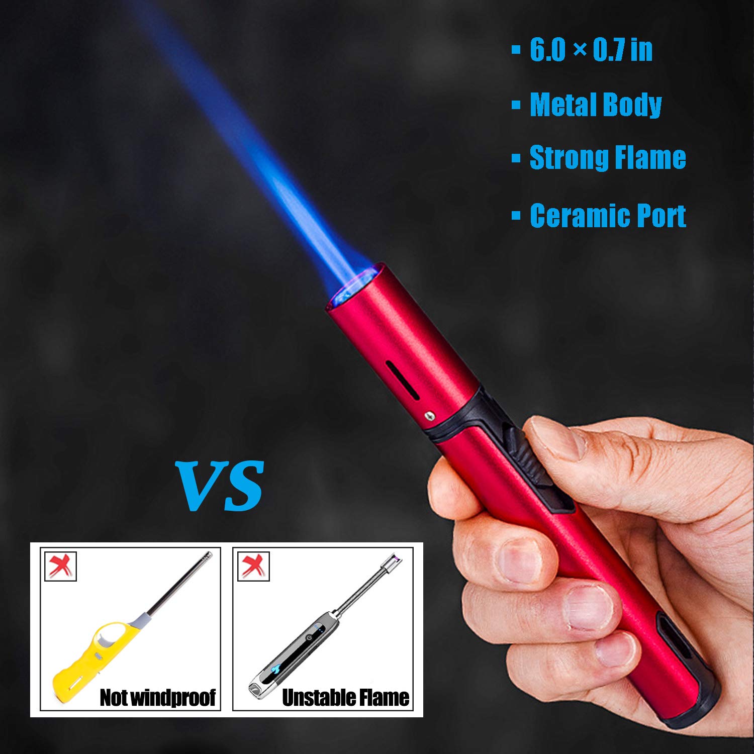 Anrapley Butane Lighter, 6.0in Long Torch Lighter with Fuel Level Window, Windproof Pen Lighter Adjustable Jet Flame for Grill Candle Kitchen Fireplace Camping BBQ, Mens Gifts, Red(Gas not Included)