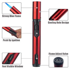 Anrapley Butane Lighter, 6.0in Long Torch Lighter with Fuel Level Window, Windproof Pen Lighter Adjustable Jet Flame for Grill Candle Kitchen Fireplace Camping BBQ, Mens Gifts, Red(Gas not Included)