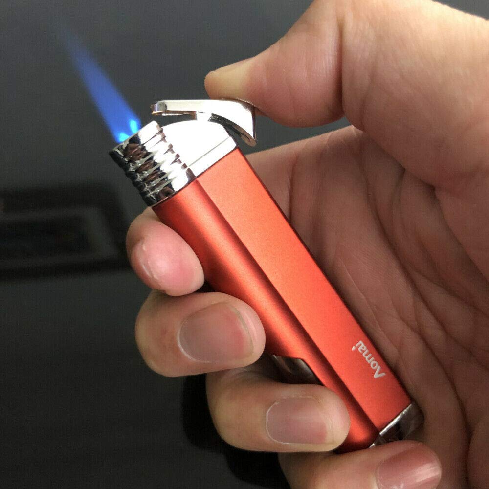 Piioket Mini Metal Windproof Refillable Butane Gas Fuel Viewable Jet Flame Cigar Cigarette Lighter with Electric Wire Ignition Protection - Aomai Red