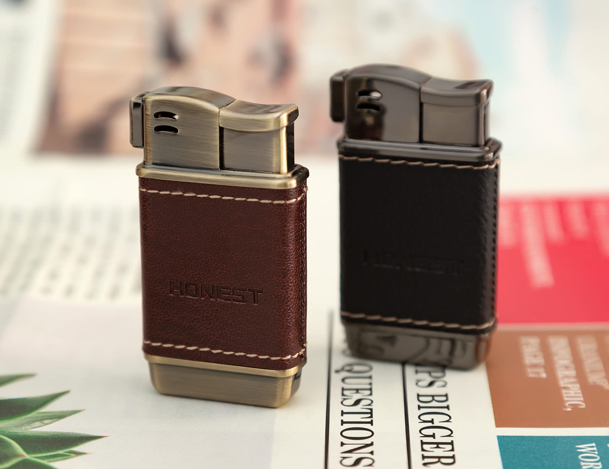 STAOSAN Soft Flame Lighter Leather Small Indoor Butane Refillable (Brown+Black)