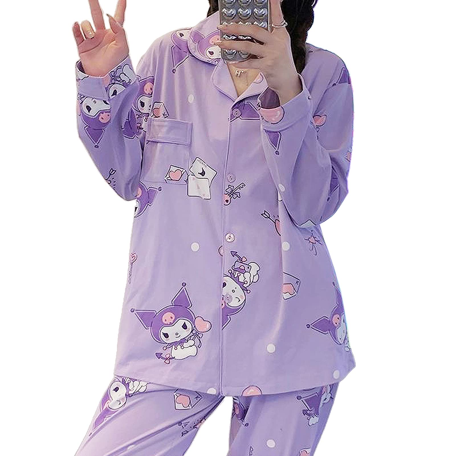 Ocroyea Kawaii Pajamas For Women Two-Piece Set Cute Cartoon Girls Pajamas Casual Long Sleeve Sleepwear Home Clothes Purple