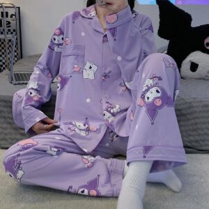 Ocroyea Kawaii Pajamas For Women Two-Piece Set Cute Cartoon Girls Pajamas Casual Long Sleeve Sleepwear Home Clothes Purple