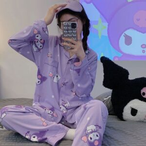 Ocroyea Kawaii Pajamas For Women Two-Piece Set Cute Cartoon Girls Pajamas Casual Long Sleeve Sleepwear Home Clothes Purple