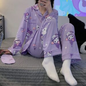 Ocroyea Kawaii Pajamas For Women Two-Piece Set Cute Cartoon Girls Pajamas Casual Long Sleeve Sleepwear Home Clothes Purple