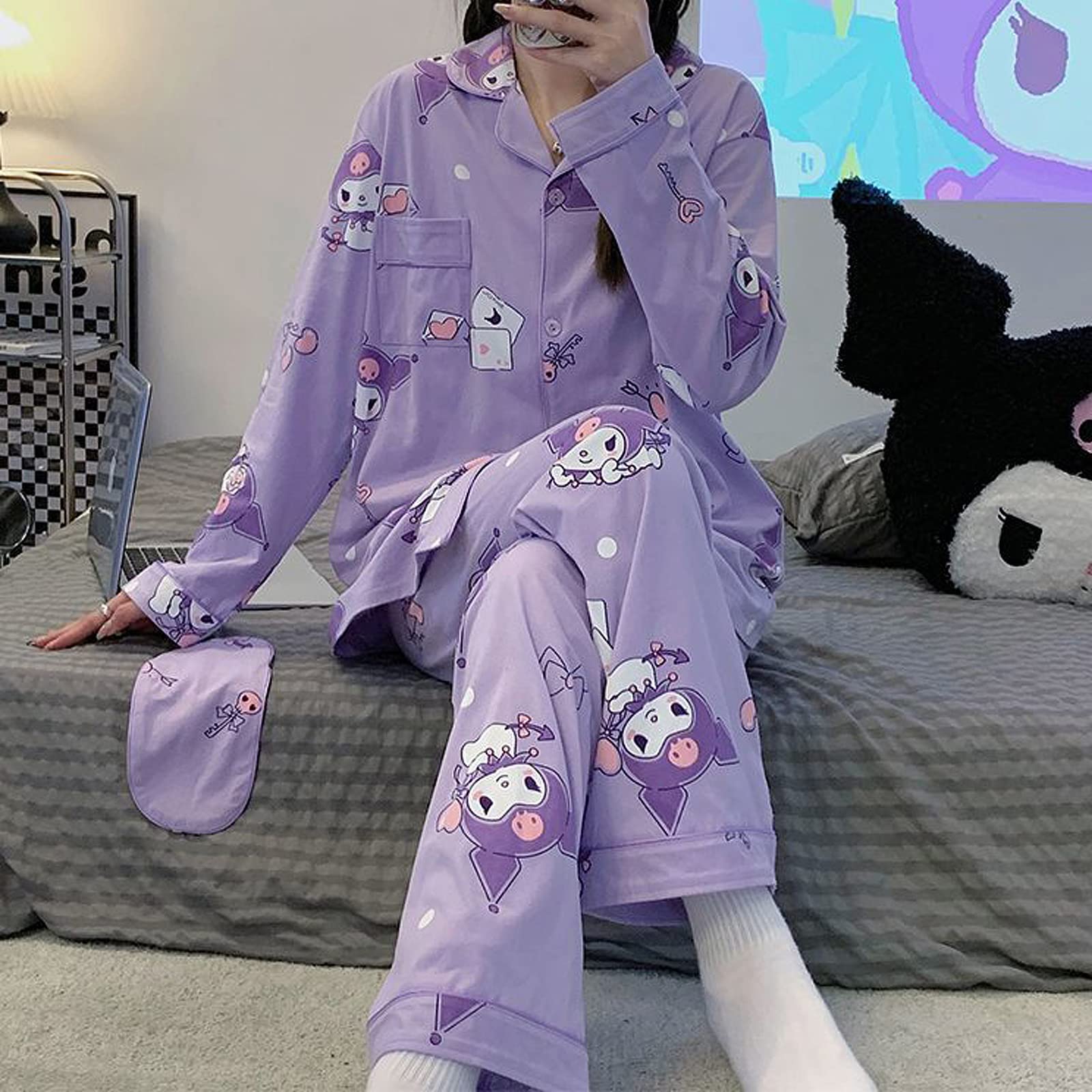 Ocroyea Kawaii Pajamas For Women Two-Piece Set Cute Cartoon Girls Pajamas Casual Long Sleeve Sleepwear Home Clothes Purple