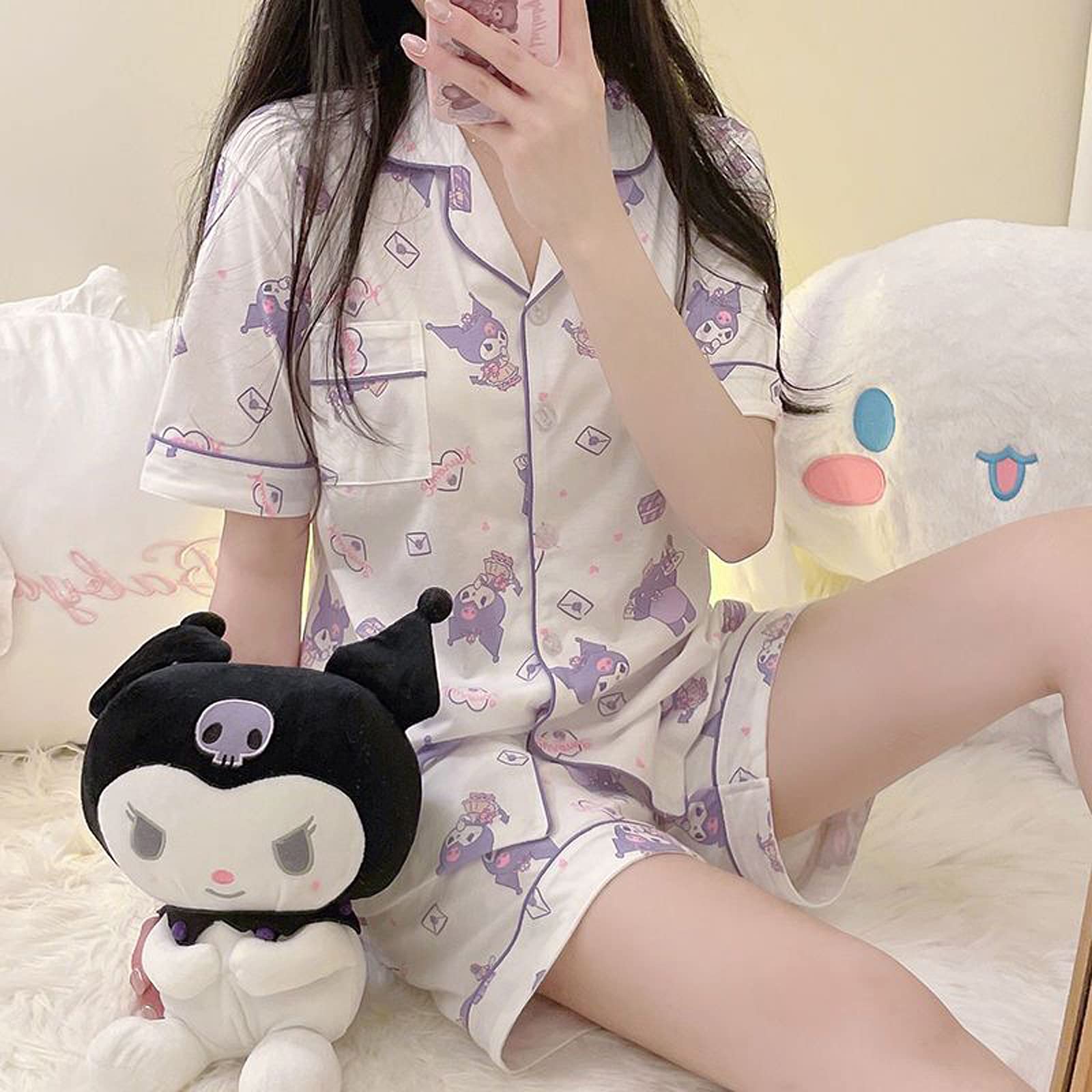 Oxsioeih Kawaii Pajamas For Women Two-Piece Set Cute Cartoon Girls Pajamas Casual Short Sleeve Sleepwear Home Clothes for Summer