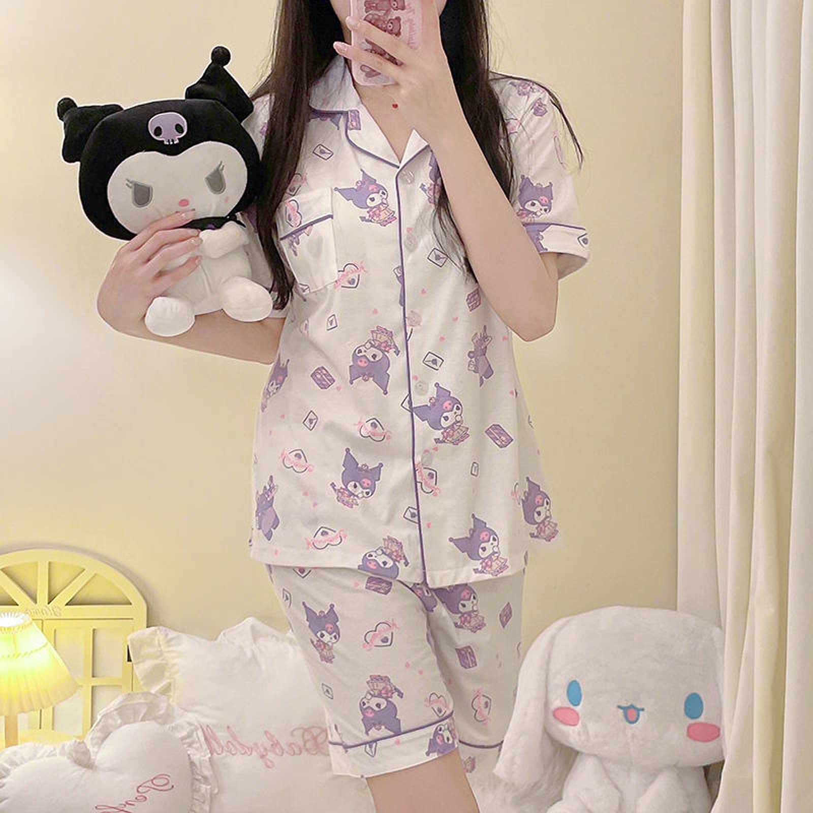 Oxsioeih Kawaii Pajamas For Women Two-Piece Set Cute Cartoon Girls Pajamas Casual Short Sleeve Sleepwear Home Clothes for Summer