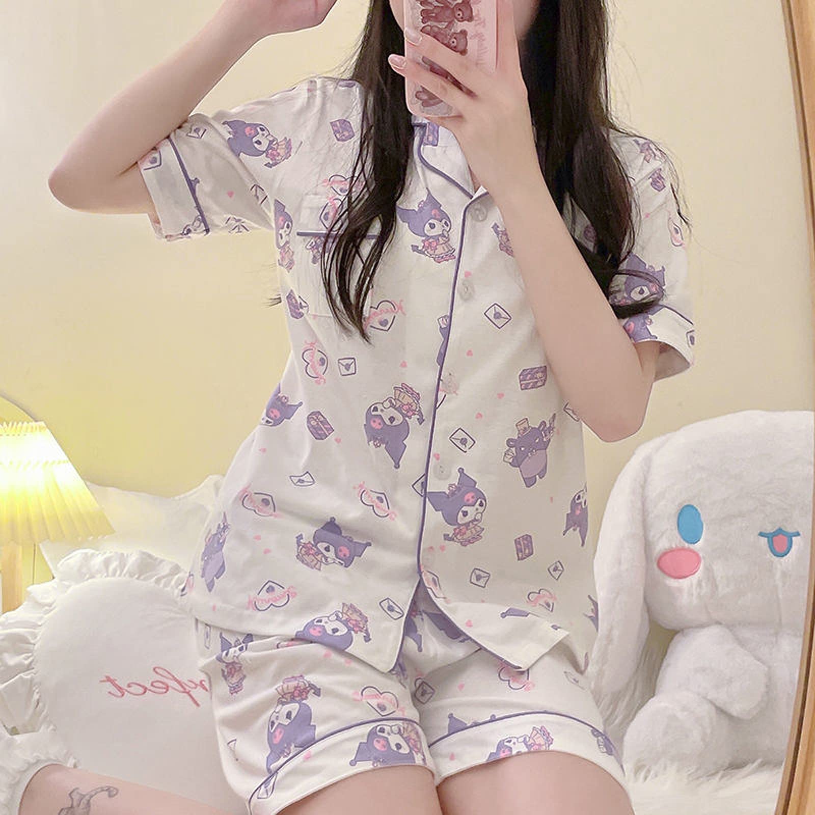 Oxsioeih Kawaii Pajamas For Women Two-Piece Set Cute Cartoon Girls Pajamas Casual Short Sleeve Sleepwear Home Clothes for Summer