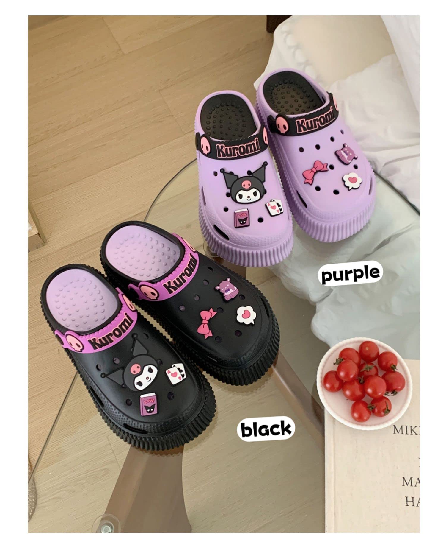 CEINOM Cute Cartoon Slippers Kuromi Kawaii Slippers for Women Cloud Slides indoor Outdoor Soft Comfy Anti-Slip garden Shoes (Black,6,6.5)