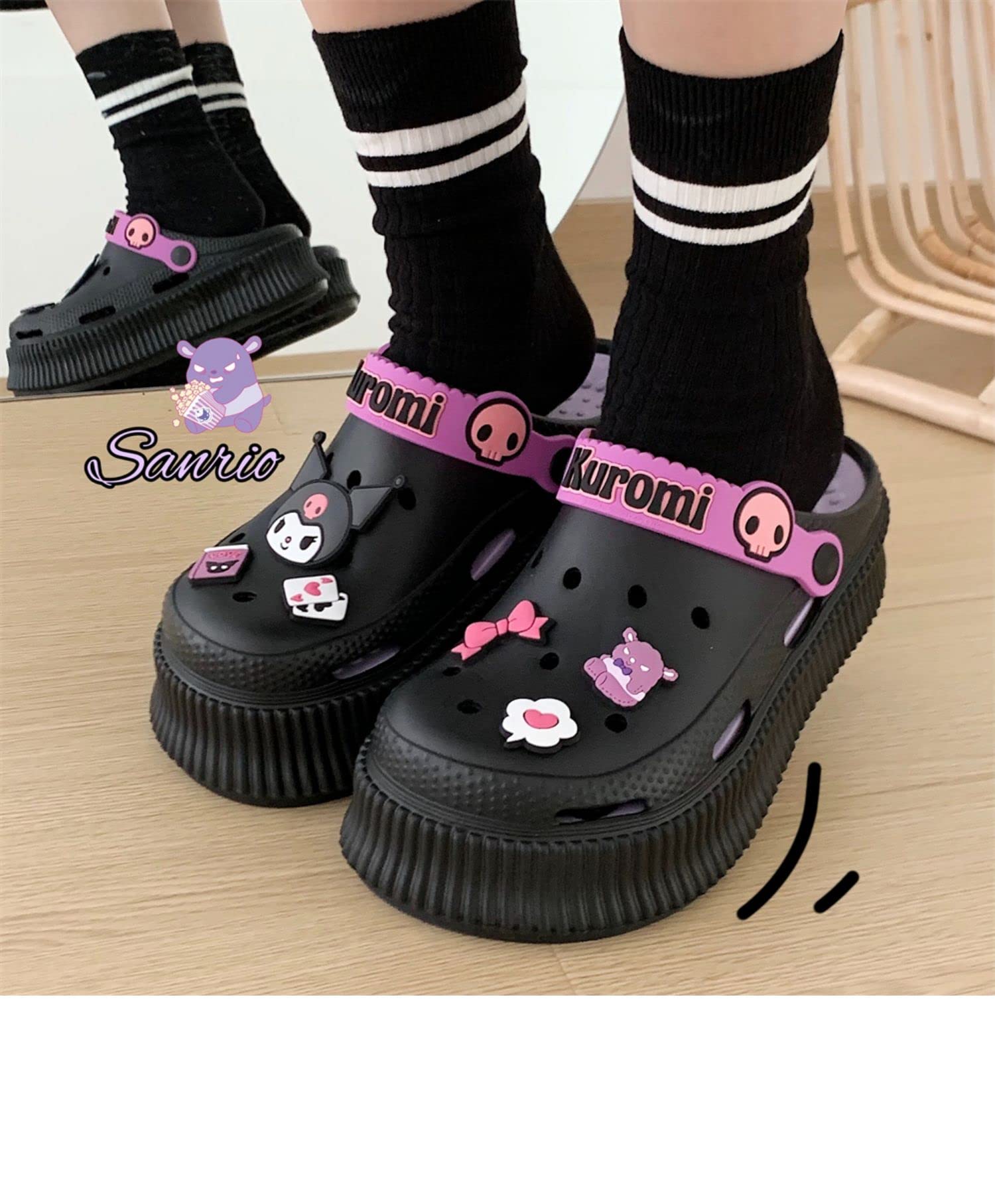 CEINOM Cute Cartoon Slippers Kuromi Kawaii Slippers for Women Cloud Slides indoor Outdoor Soft Comfy Anti-Slip garden Shoes (Black,6,6.5)