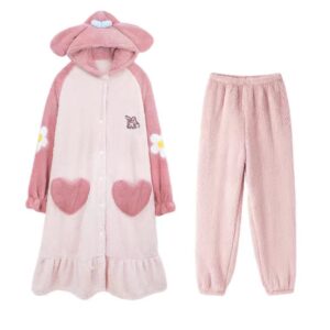 brrioe women's cute robe button bathrobe - hooded plush sleepwear with kawaii pattern and trousers sets (as1, alpha, s, regular, regular, pink)…