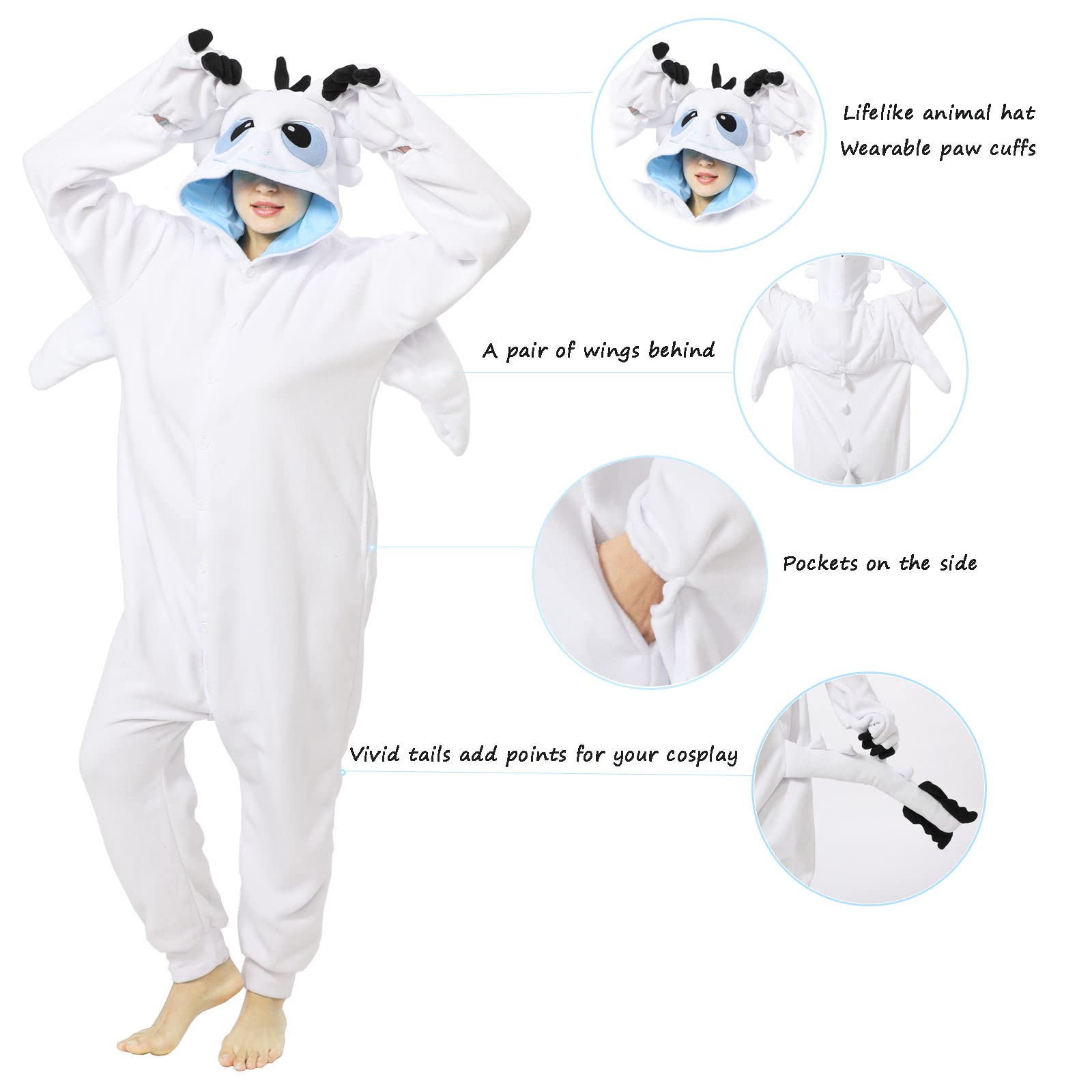 Oiziuzio Animal Unisex Onesie Holloween Cosplay Costume Dragon Pajamas for Adult Women Men White XL