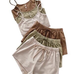 Verdusa Women's 6 Pieces Outfits Lounge Set Sleepwear Button Front Cami Top & Shorts Brown Green Apricot M