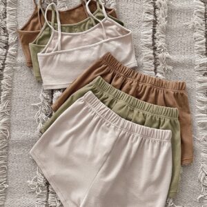 Verdusa Women's 6 Pieces Outfits Lounge Set Sleepwear Button Front Cami Top & Shorts Brown Green Apricot M