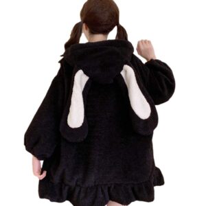 BZB Kawaii Anime Bunny Ear Hoodies For Women Sweet Lovely Fuzzy Fluffy Rabbit Sweater Tops Cosplay Jacket Coats Black