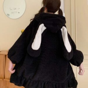 BZB Kawaii Anime Bunny Ear Hoodies For Women Sweet Lovely Fuzzy Fluffy Rabbit Sweater Tops Cosplay Jacket Coats Black